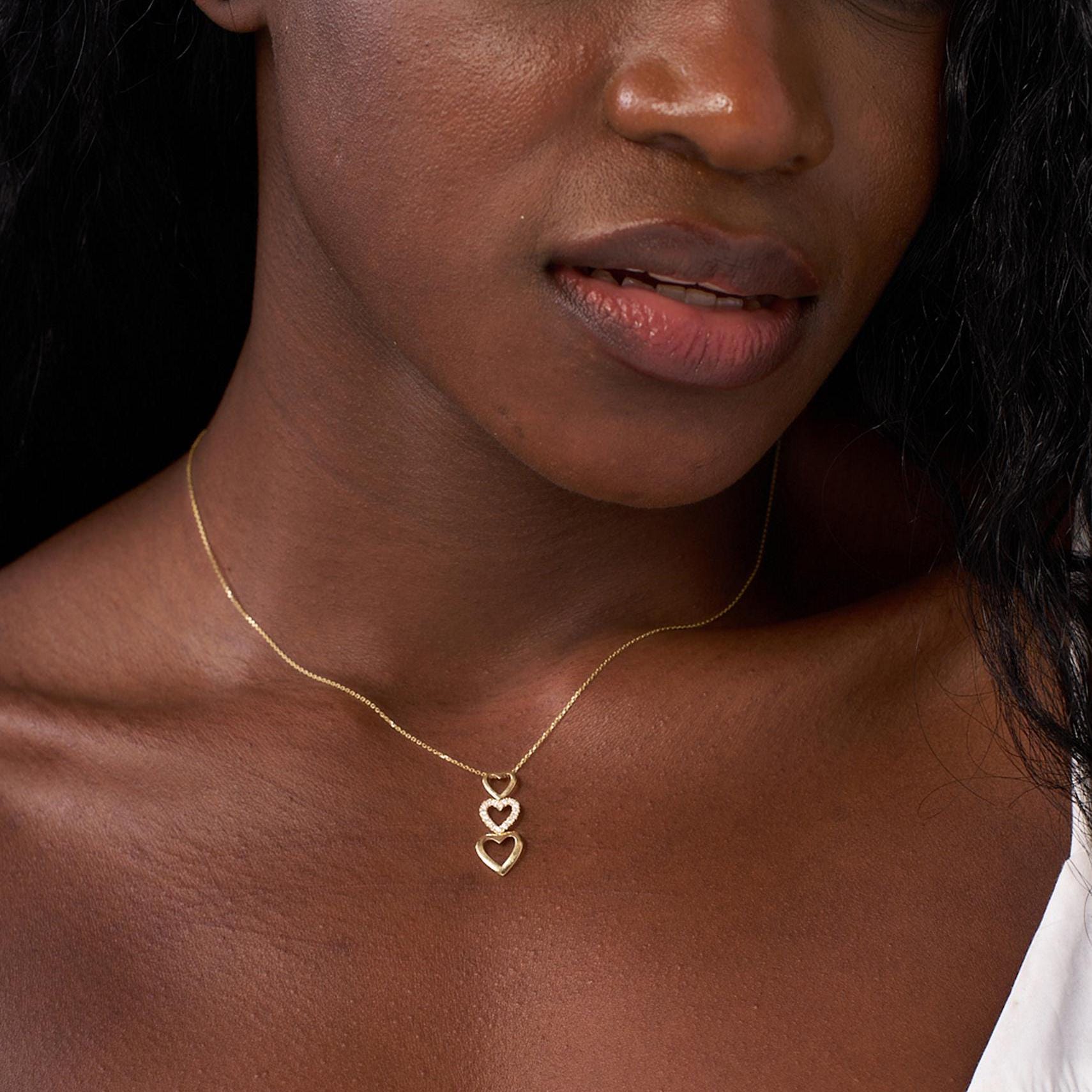 14K Solid Gold Trio Heart Pendant Necklace, Multi Heart Diamond Pendant ...