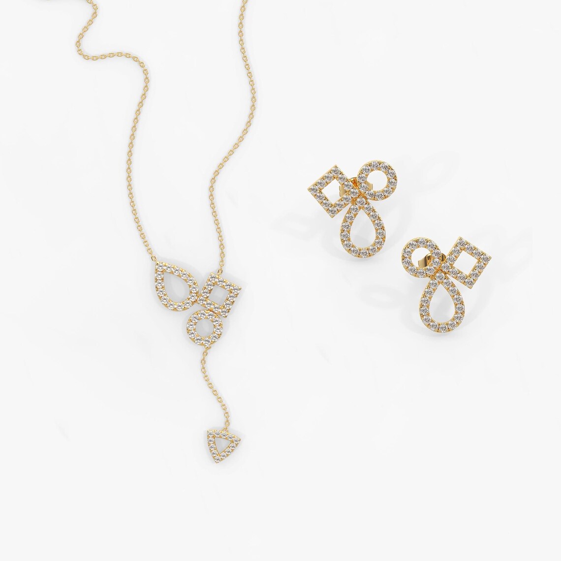 Solid 14K Gold Geometric Jewelry Set, Dainty Drop Necklace & Earrings ...