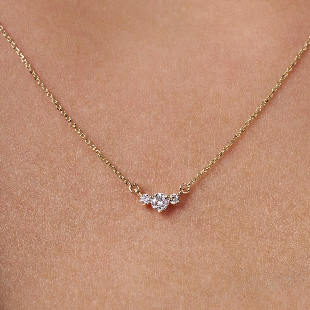 Trio Diamond Necklace, Solid 14K Gold Diamond Necklace, Round Natural ...