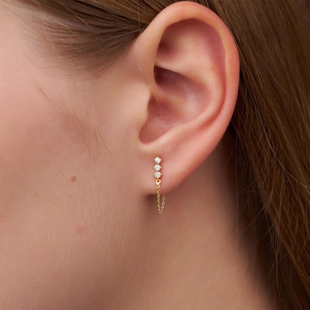 14K Diamond Chain Earrings, Round Natural Diamond Earrings, Unique ...