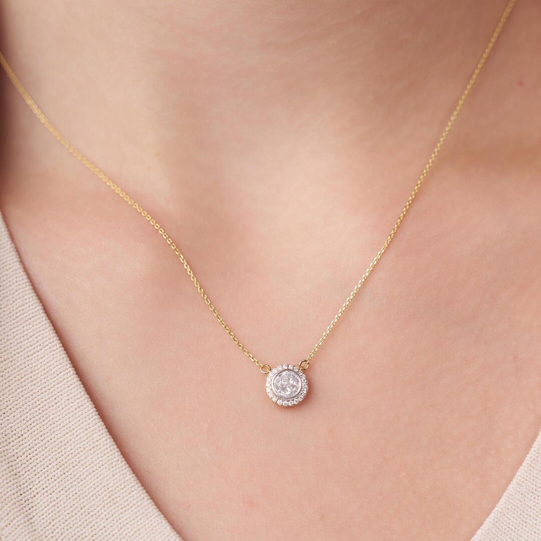 14K Solid Gold Round Pie Cut Diamond Necklace, Halo Cluster Pendant ...