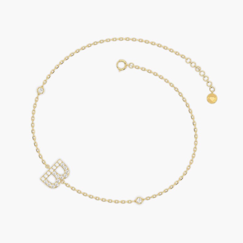 B Letter Diamond Bracelet, Solid 14K Gold Bracelet, Diamond Initial ...