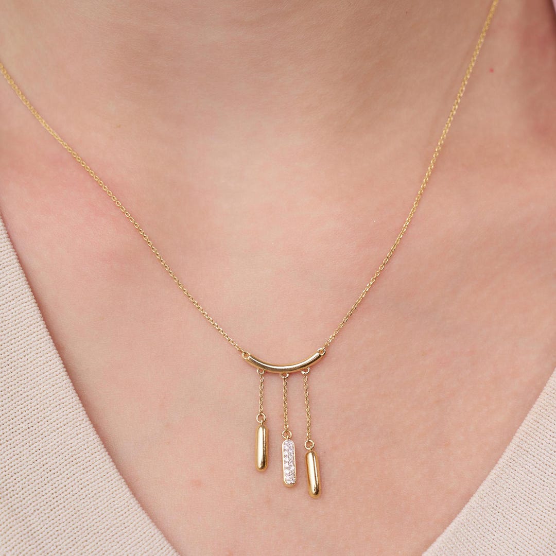 Dangling Diamond Necklace, Solid 14K Gold Bar Drop Necklace, Round ...
