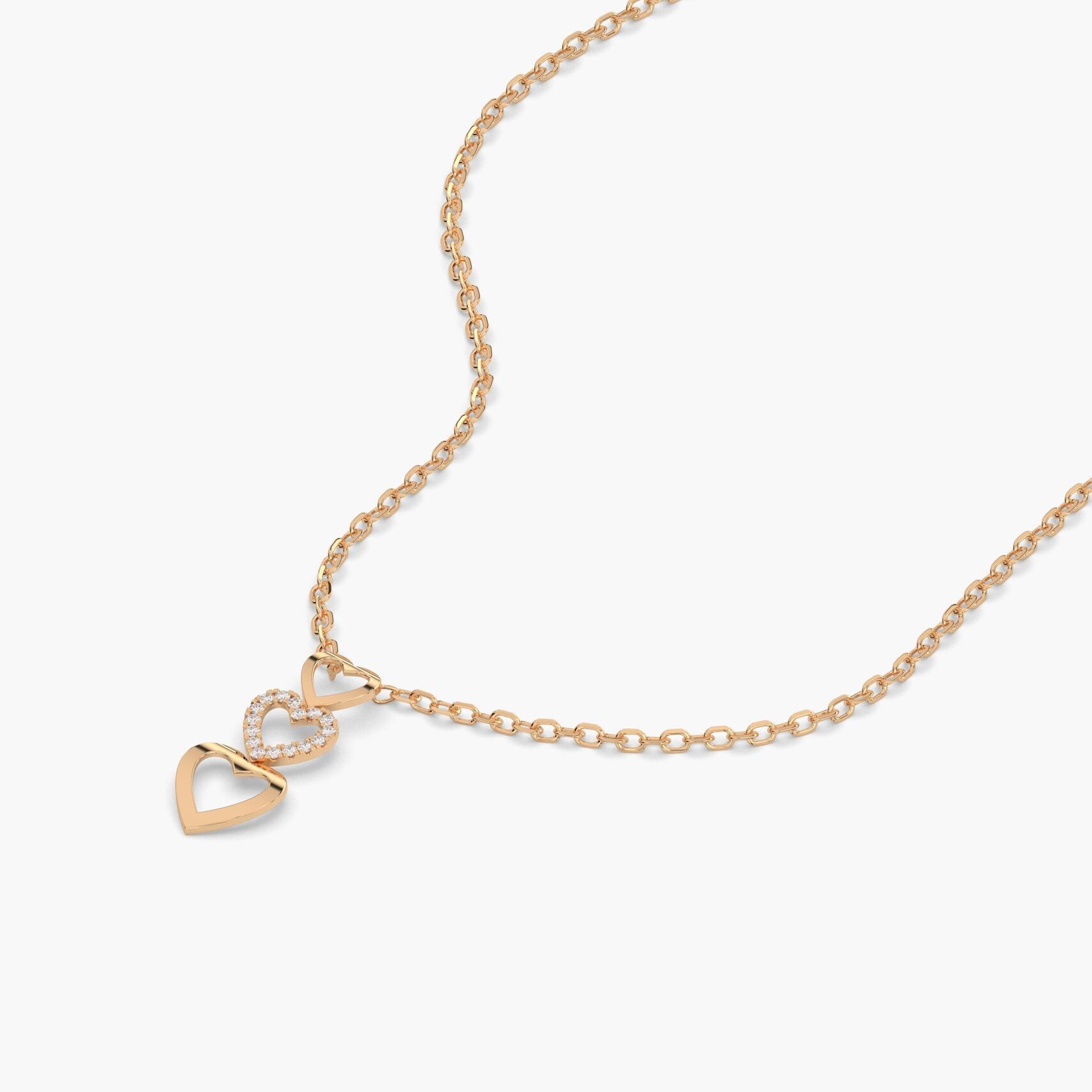 14K Solid Gold Trio Heart Pendant Necklace, Multi Heart Diamond Pendant ...