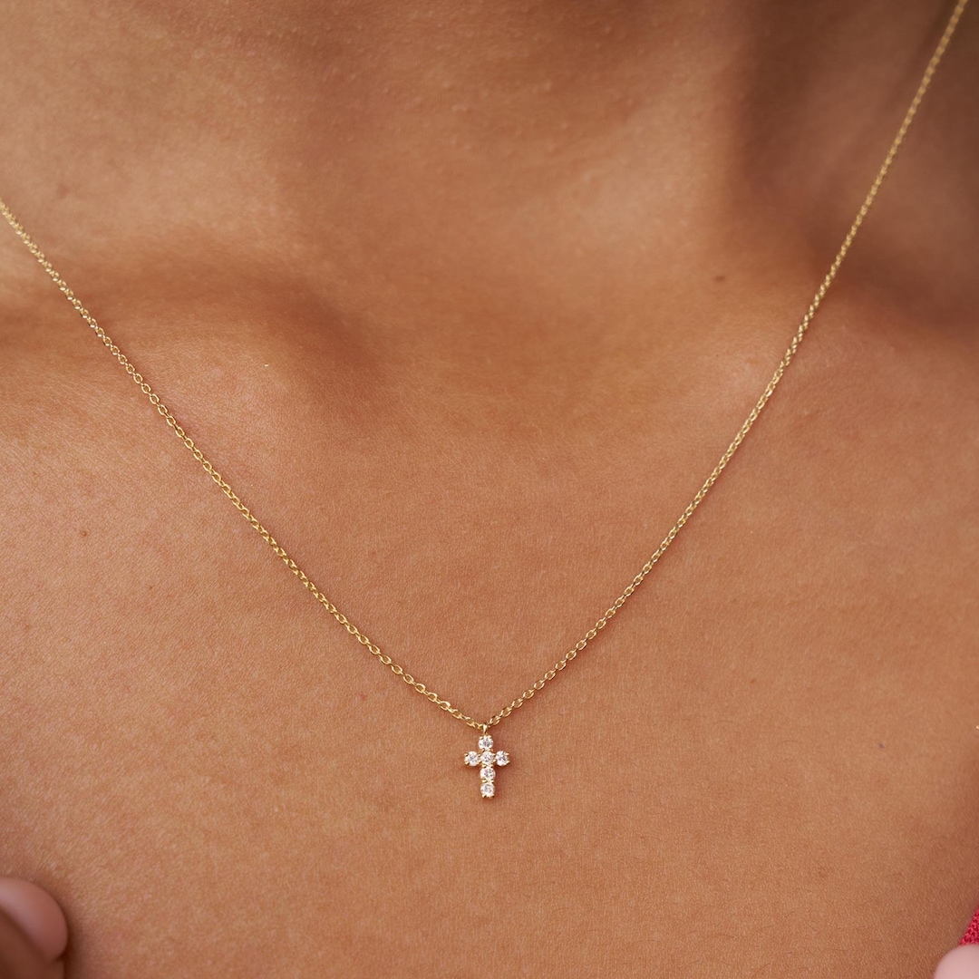 Tiny Diamond Cross Necklace, 14k Gold Diamond Cross Necklace, Diamond ...