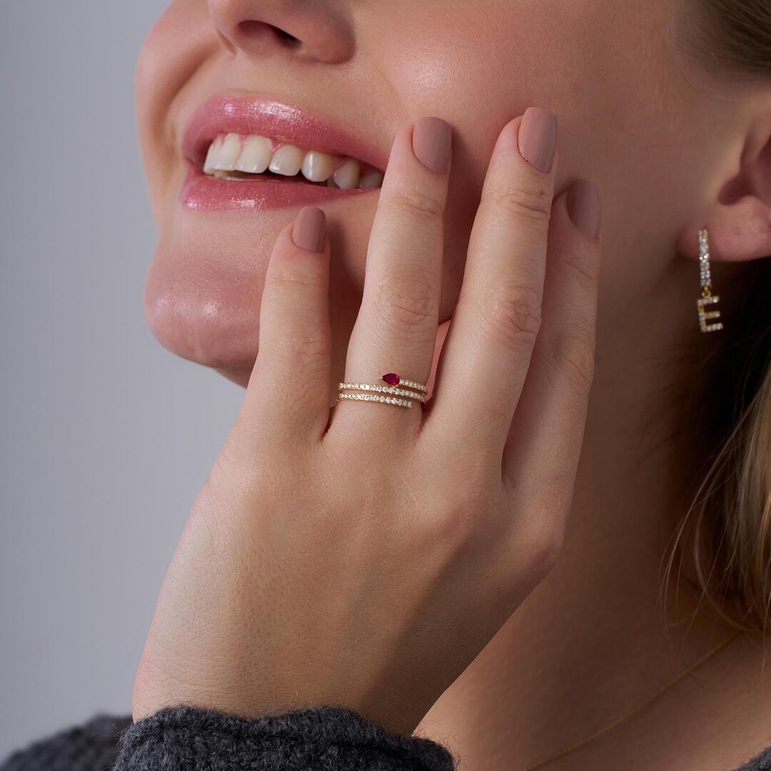 Open Diamond Wrap Spiral Ring, Pear Ruby Diamond Swirl Ring, Solid 14K Wrap Coil Ring, Statement ...