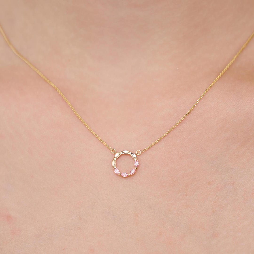 14K Solid Gold Marquise Pink Diamond Circle Necklace, Open Circle ...