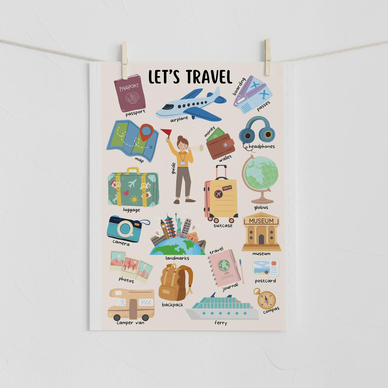 Let's Travel Kids Room Poster, Travel Items Adventure-inspired Design ...