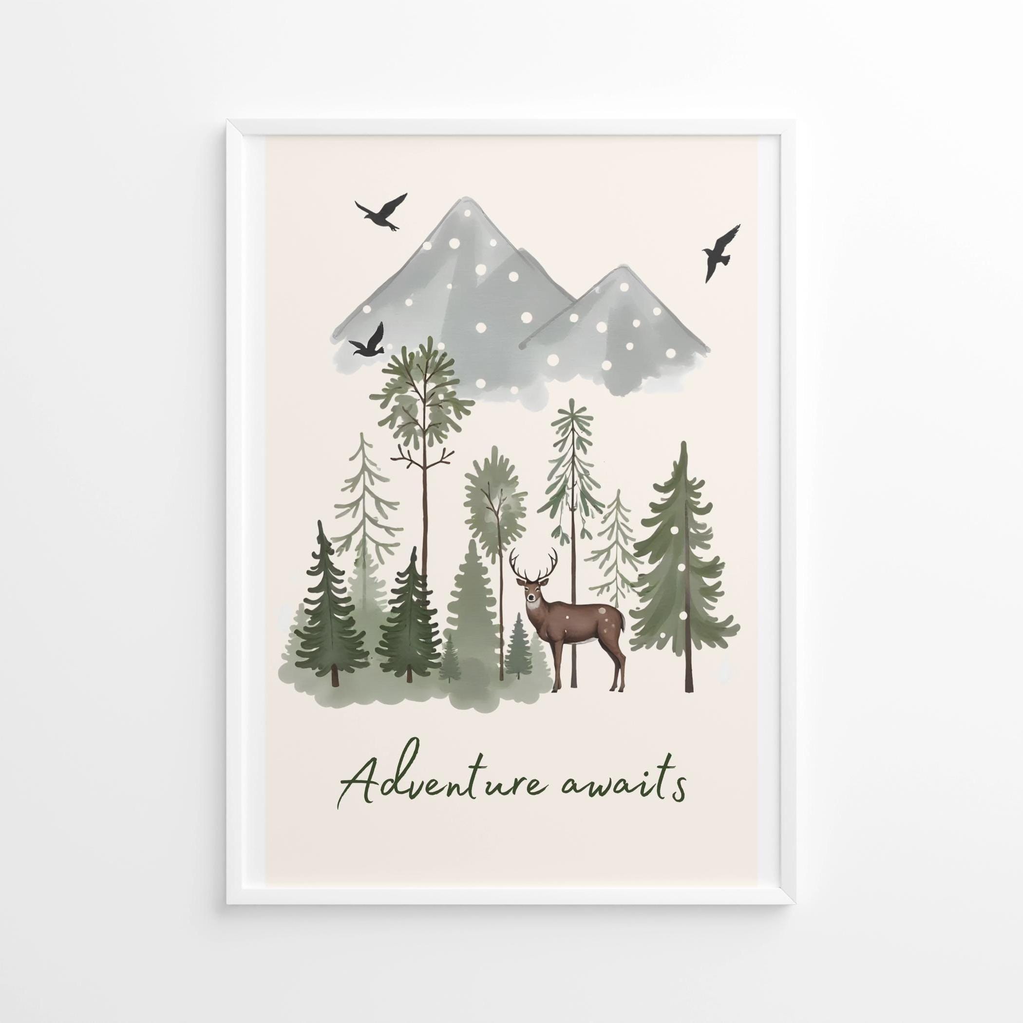 Adventure Awaits Kids Room Poster: Forest, Deer, Mountains - Etsy