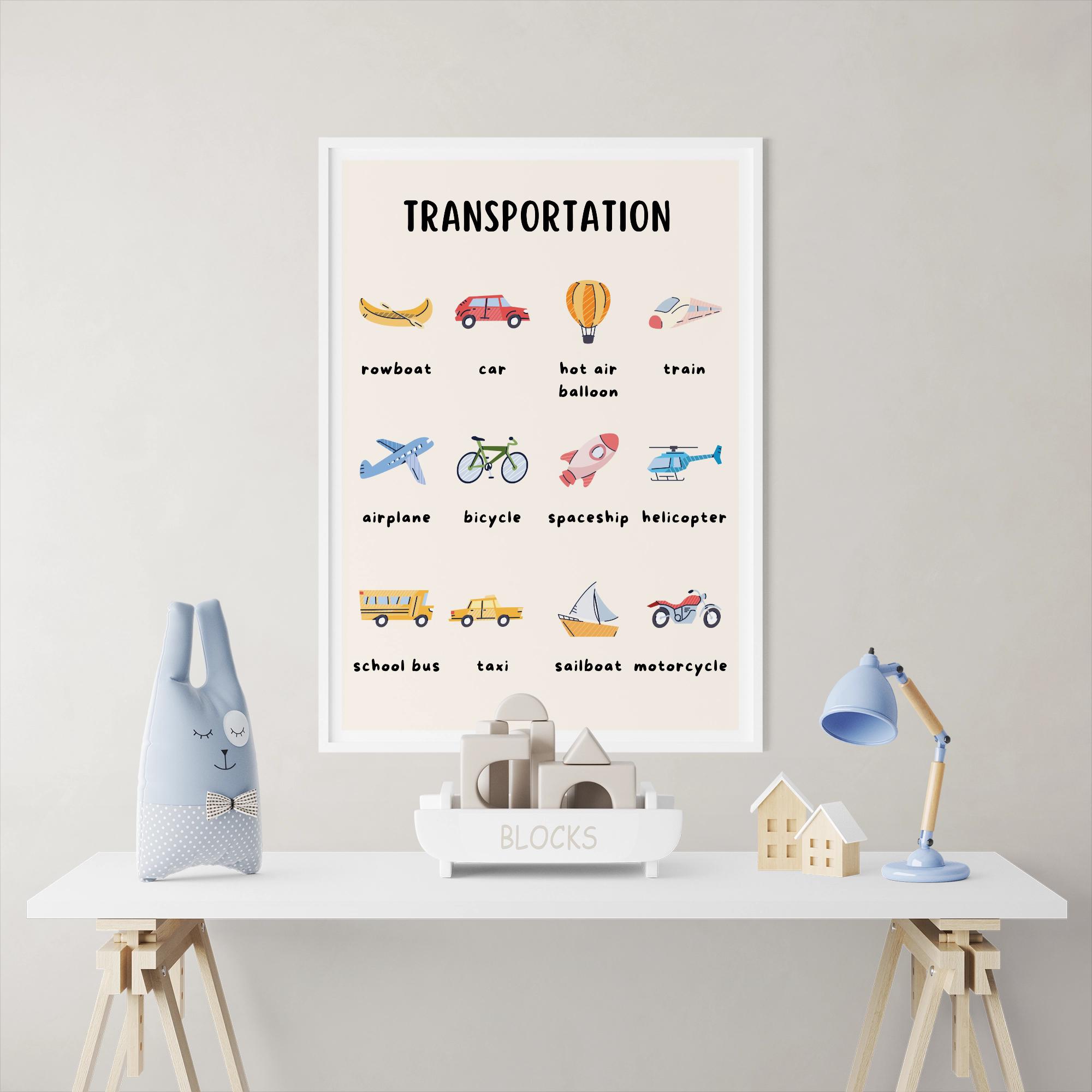 Transportation Poster for Kids Room, Modern Design With Cars, Trains ...