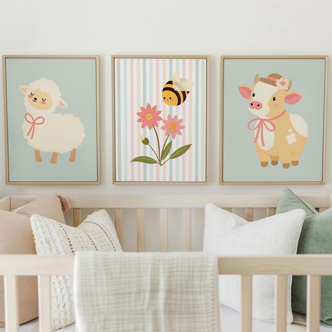 Farm Animals Poster Set – Cow, Sheep, Bee, Flowers, Digital Download ...