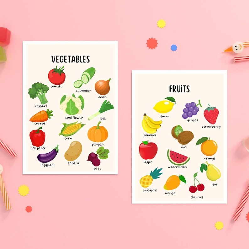 Set of Vegetables and Fruits Kids Room Posters, Educational & Fun ...