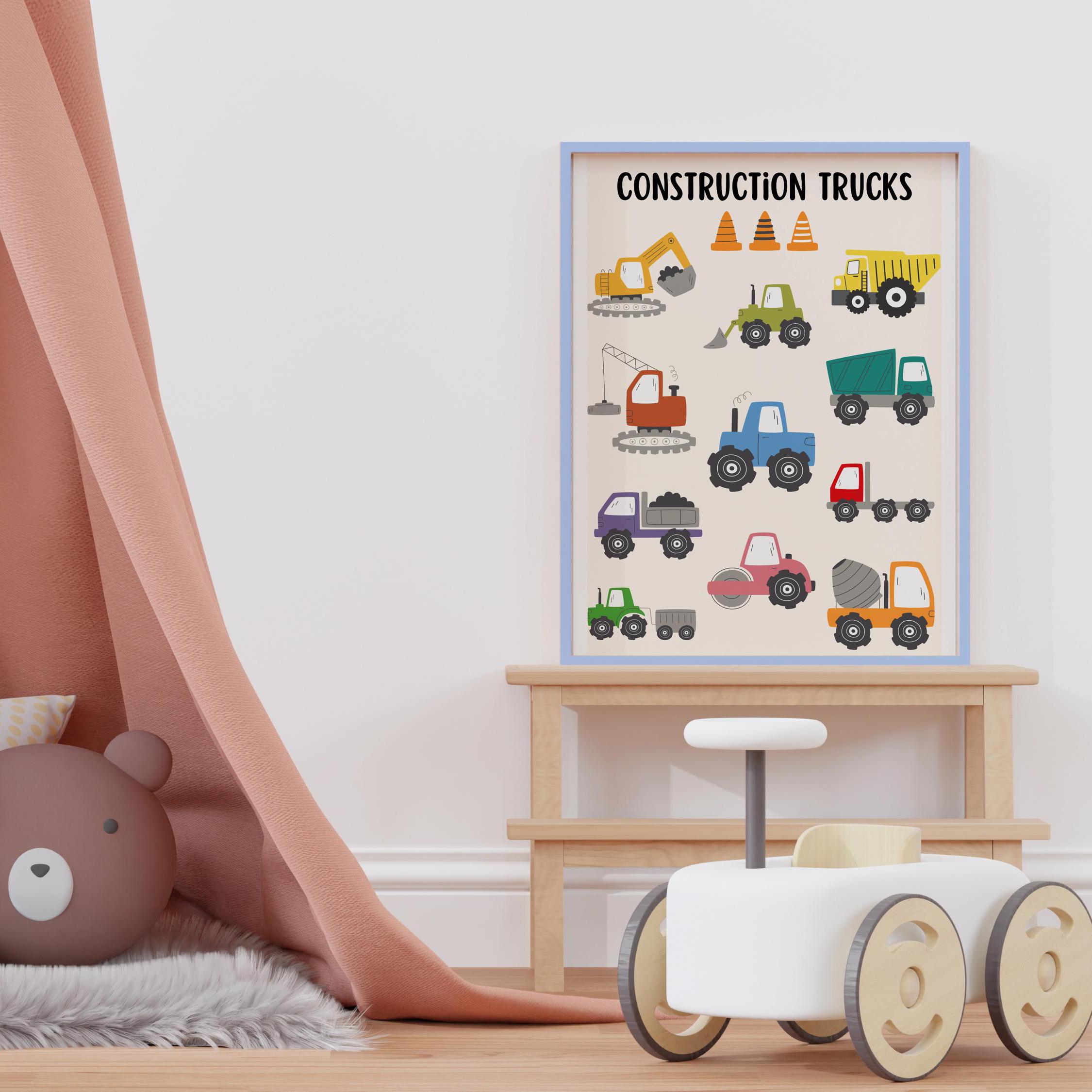 Construction Trucks for Kids Room Poster, Nursery Decor, Playroom Wall ...