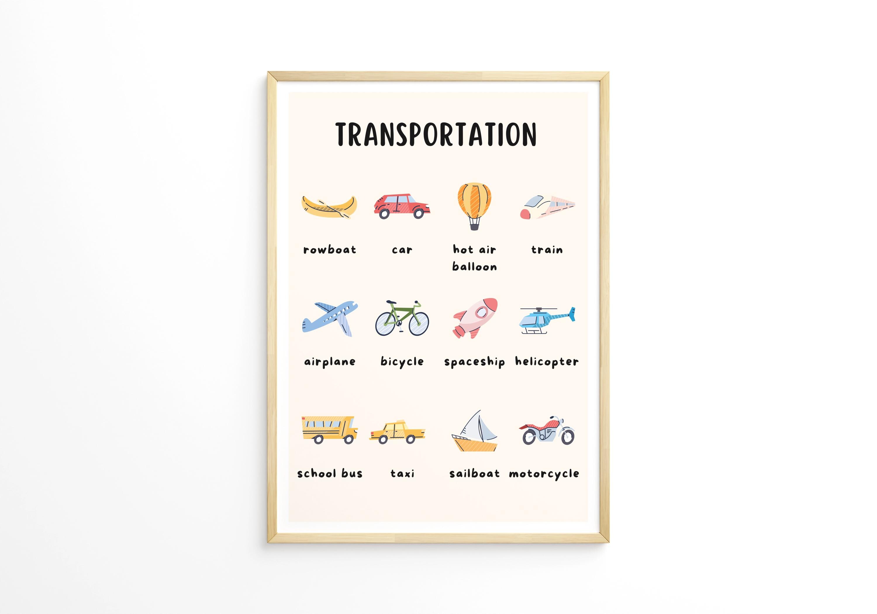 Transportation Poster for Kids Room, Modern Design With Cars, Trains ...