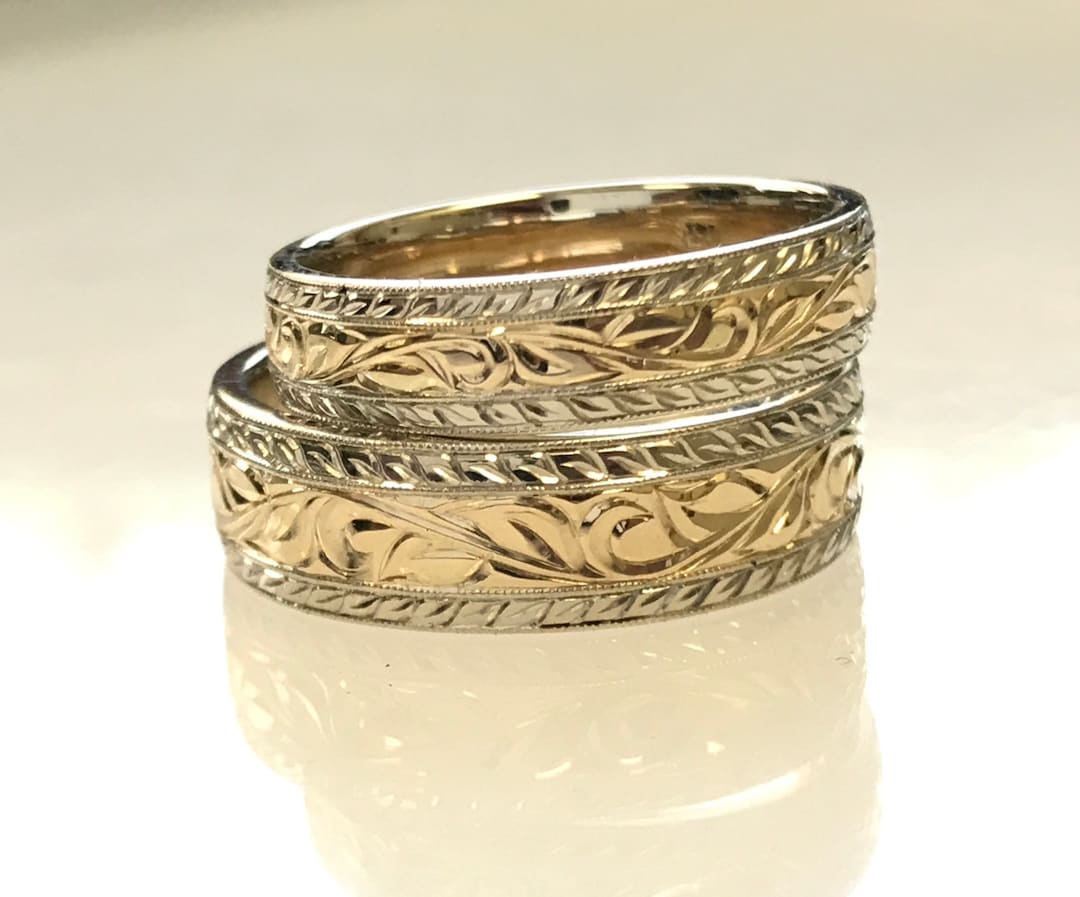 Hand Engraved Vine and Leaf Wedding Band Set in Two Tone Gold - Etsy