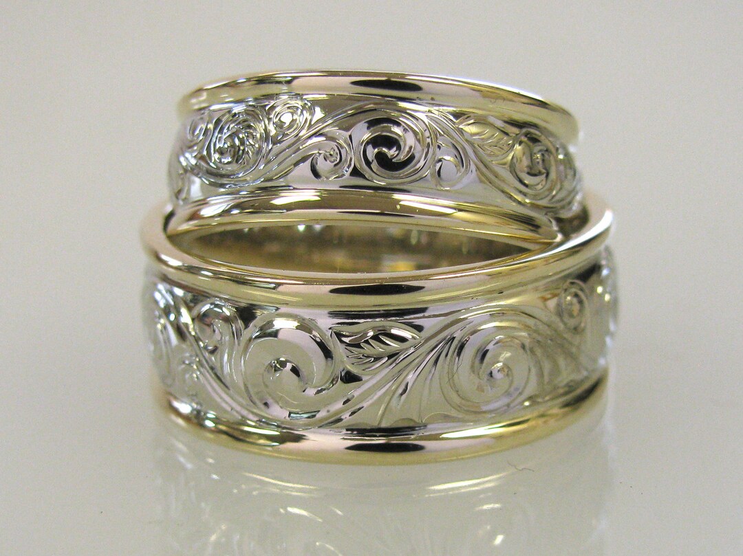 Two Tone Wedding Set With Fine Hand Engraving Made to Order - Etsy