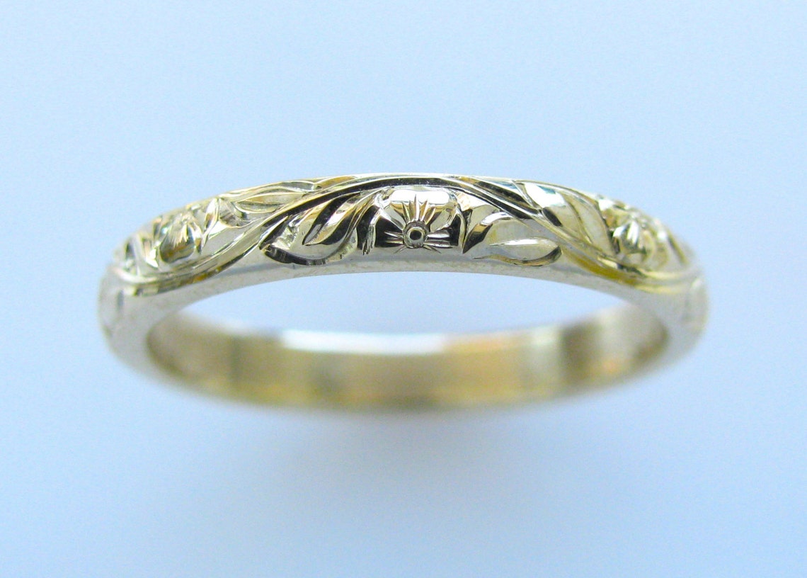 Hand Engraved Vine and Leaf With Flower 3mm 14k Yellow Gold Wedding ...