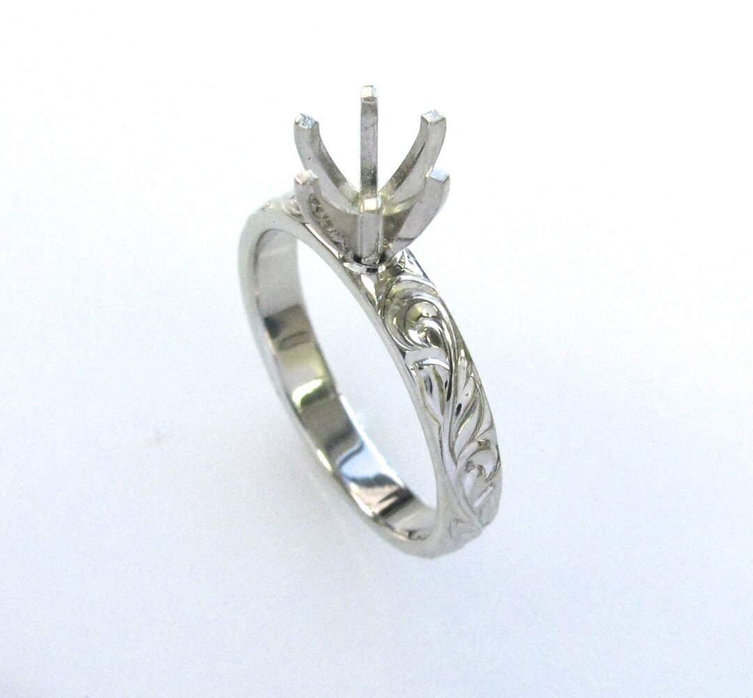 Hand Engraved Engagement Ring With Vine and Leaf Hand Engraving in 14k ...