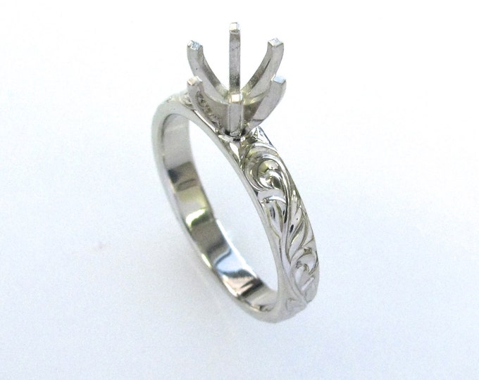 Hand Engraved Engagement Ring With Vine and Leaf Hand Engraving in 14k ...