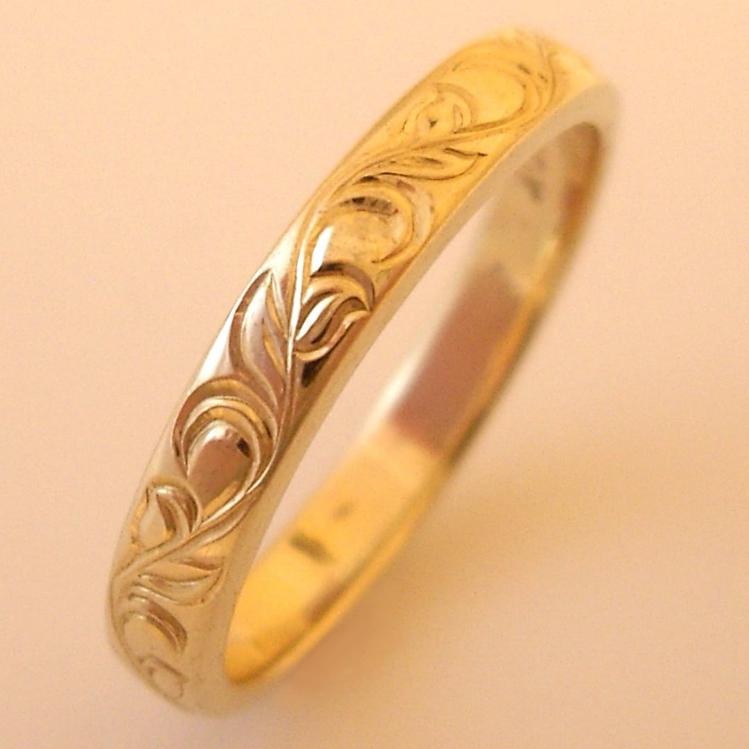Hand Engraved Vine and Leaf 3mm 14k Yellow Gold Wedding Band and ...