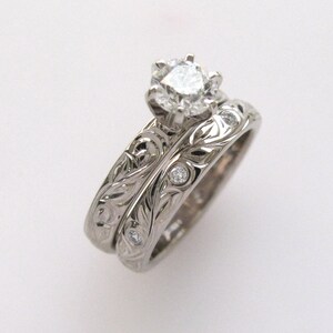 Hand Engraved Engagement Ring and Wedding Band Vine and Leaf Hand ...