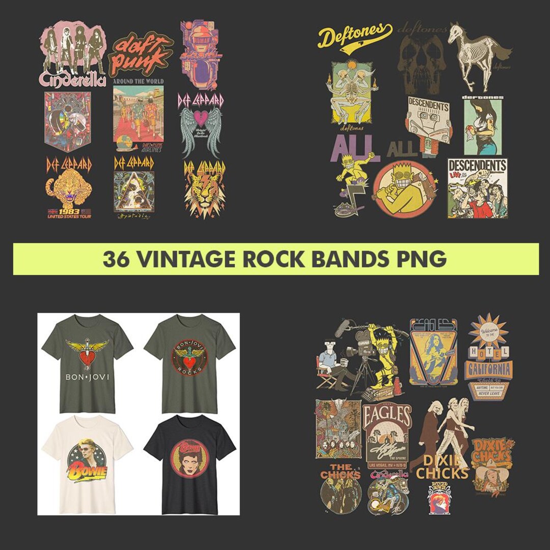36 Vintage Rock Bands PNG Bundle: High-resolution Designs Digital ...