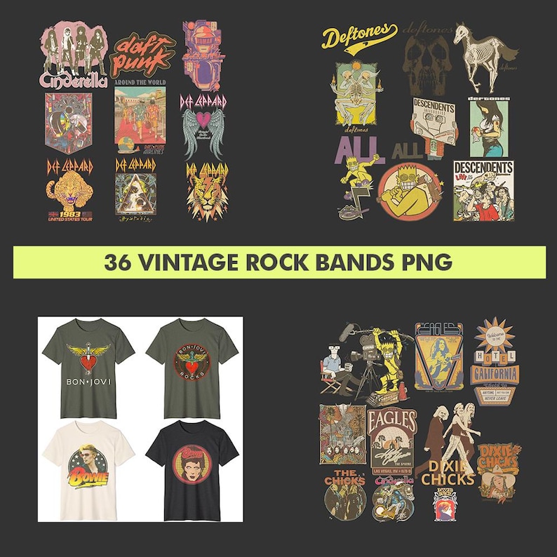 36 Vintage Rock Bands PNG Bundle: High-resolution Designs Digital ...