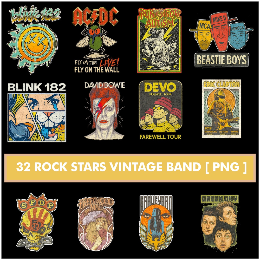 Vintage Rock Bands PNG Bundle: High-resolution Designs (digital ...