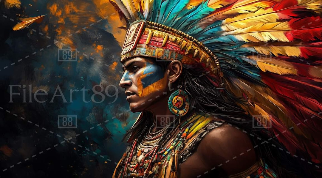 Digital Painting of an Aztec Warrior With Colorful Feathers and ...