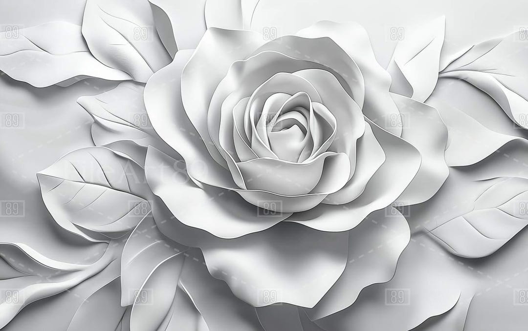 3D Giant White Rose Wall Mural, Grey Sofa and Lamp on the Floor, White ...