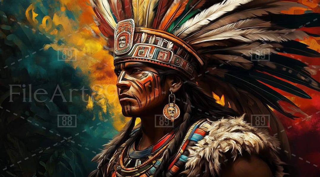 Wall Mural of an Aztec Warrior,decorated With Feathered Headdress and ...