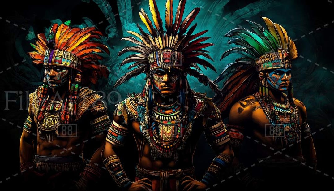 Three Aztec Men Wearing Colorful Feathered Headdresses, Exuding ...