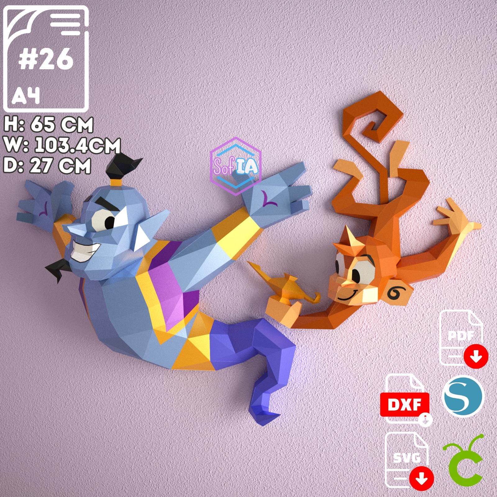 Genie, Monkey, Magic Lamp, DIY, Papercraft, Lowpoly, Pdf, Svg, Cricut ...