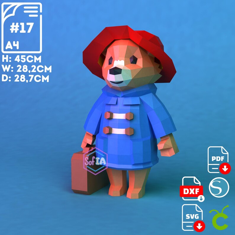 Paddingto n bear, oso, Papercraft, pdf, svg, cricut maker, silhouette, dxf, STUDIO3, LowPoly ...