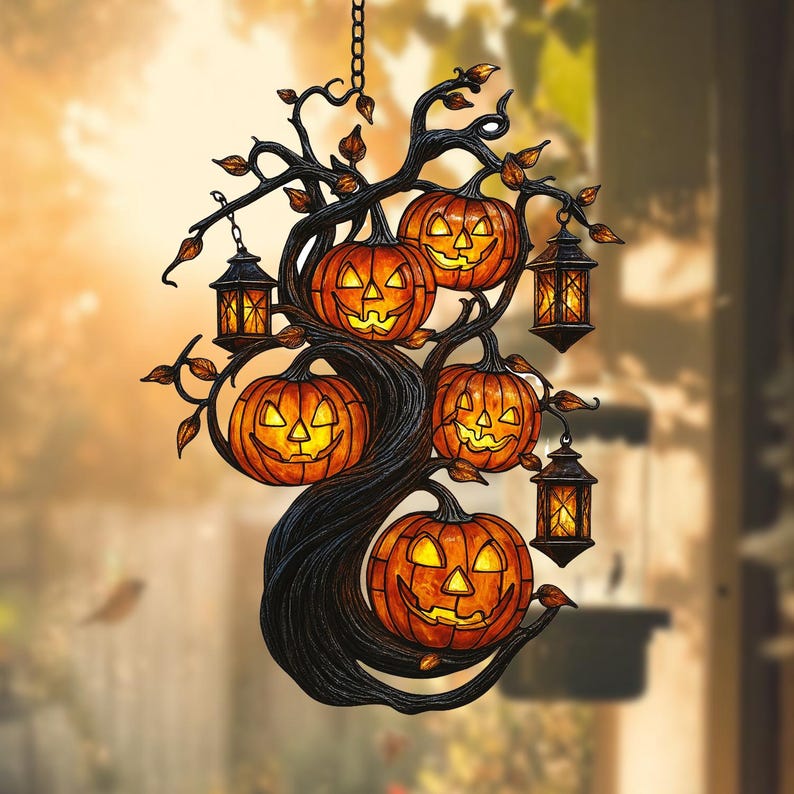 Pumpkin Lantern Tree Acrylic Suncatcher – Faux Stained Glass Halloween ...