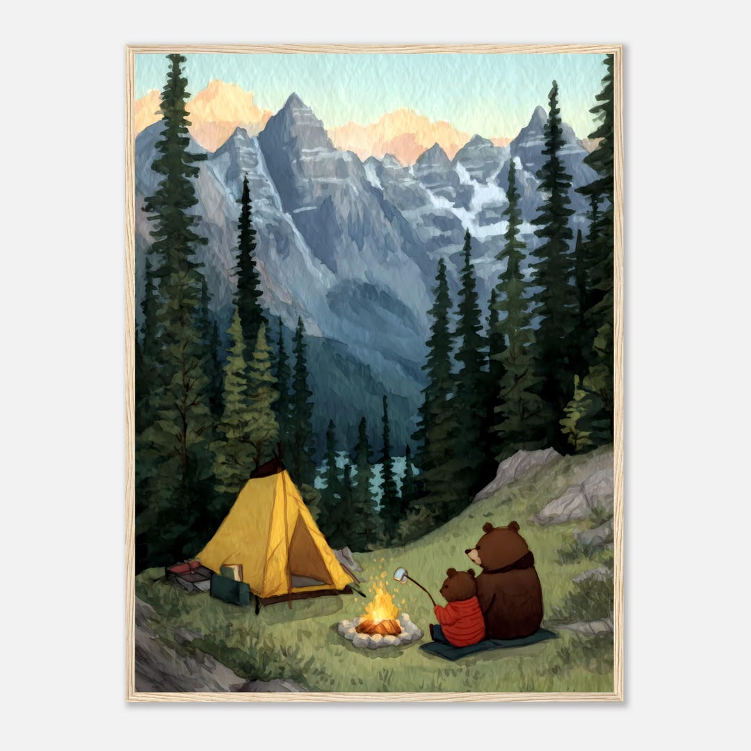 Teddy Bears Camping by Tent – Whimsical Mountain Valley Campfire Art ...
