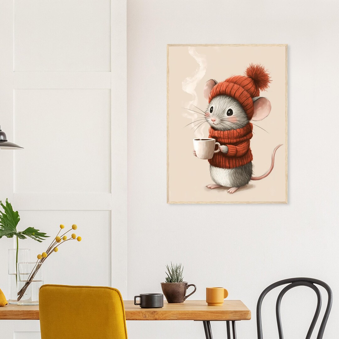 Whimsical Mouse Art Print – Cozy Red Hat & Coffee Cup Illustration ...