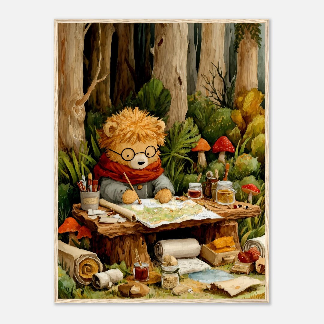 Woodland Bear Cartographer Art Print Cozy Forest Map-maker Illustration ...