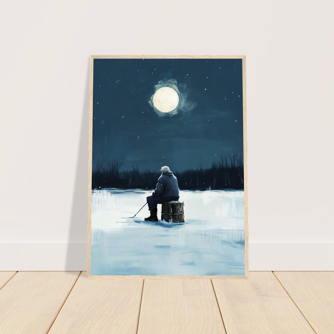 Ice Fishing Art Print: Winter Landscape, Full Moon Night Scene - Etsy
