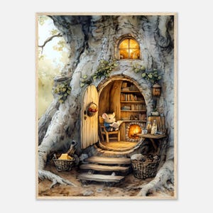 Whimsical Watercolor Mouse Reading in a Cozy Tree Hollow – Storybook ...