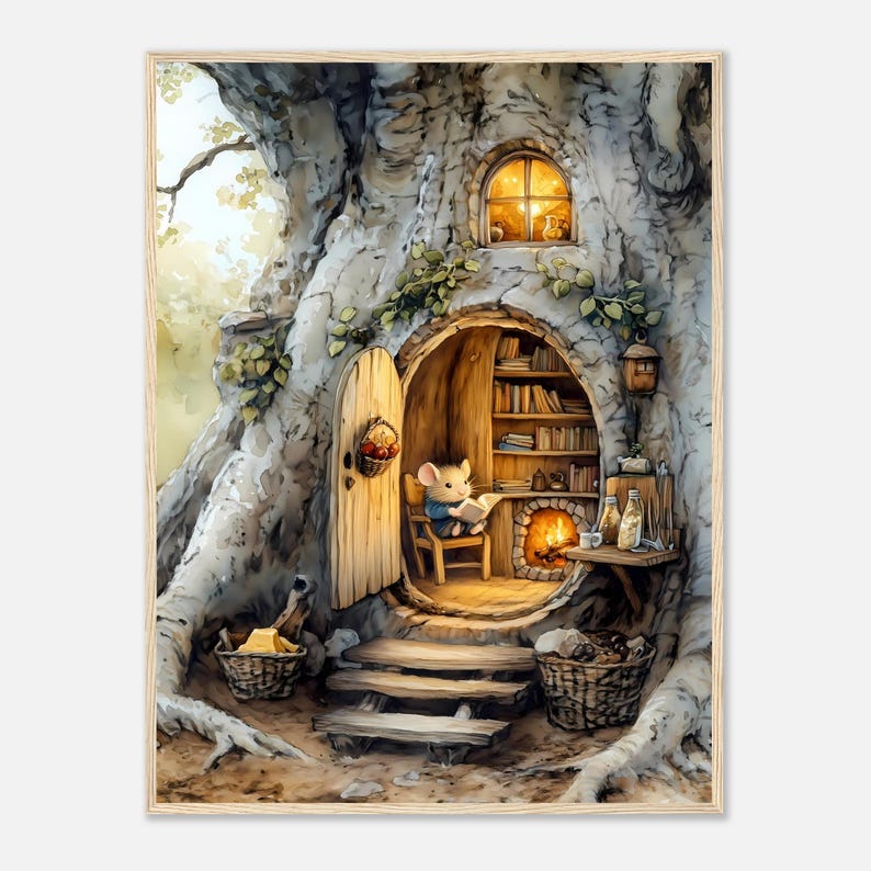 Whimsical Watercolor Mouse Reading in a Cozy Tree Hollow – Storybook ...