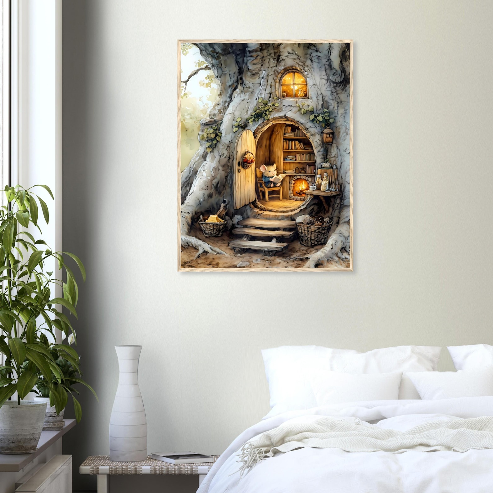 Whimsical Watercolor Mouse Reading in a Cozy Tree Hollow – Storybook ...
