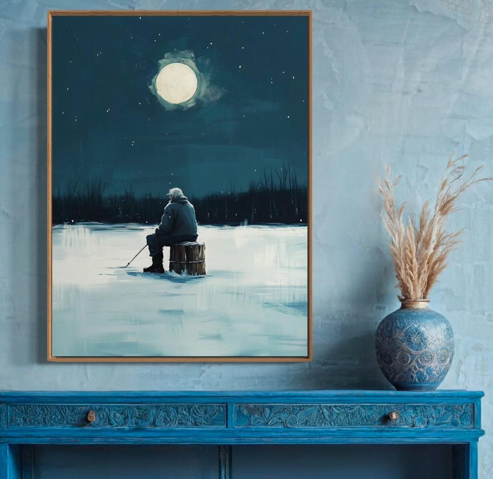 Ice Fishing Art Print: Winter Landscape, Full Moon Night Scene - Etsy