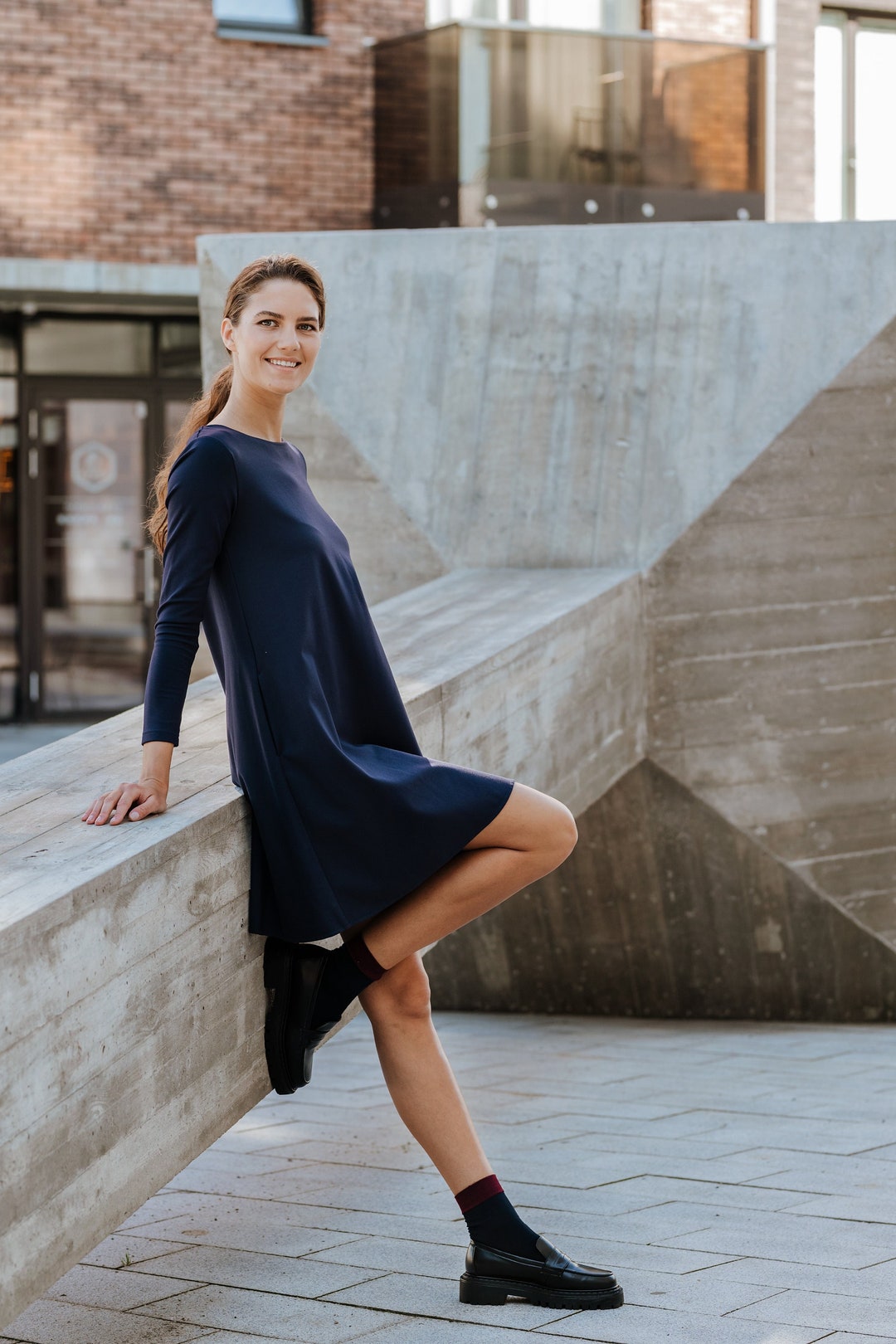 Navy Blue Work Dress for Women, Office Dress, Winter Dress, Minimalist ...