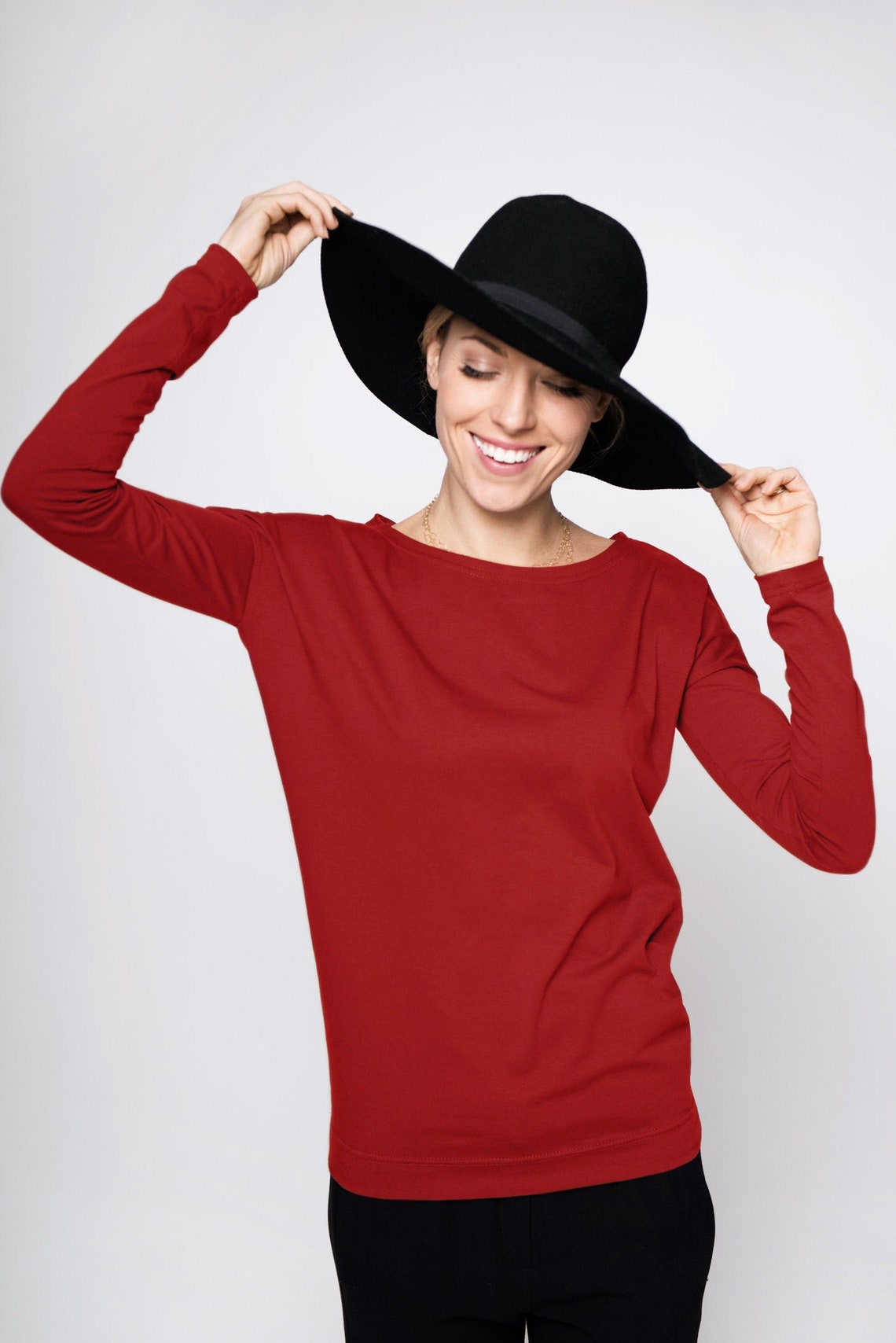 Red Blouse Women Red Top Long Sleeve Top Back Button Top - Etsy