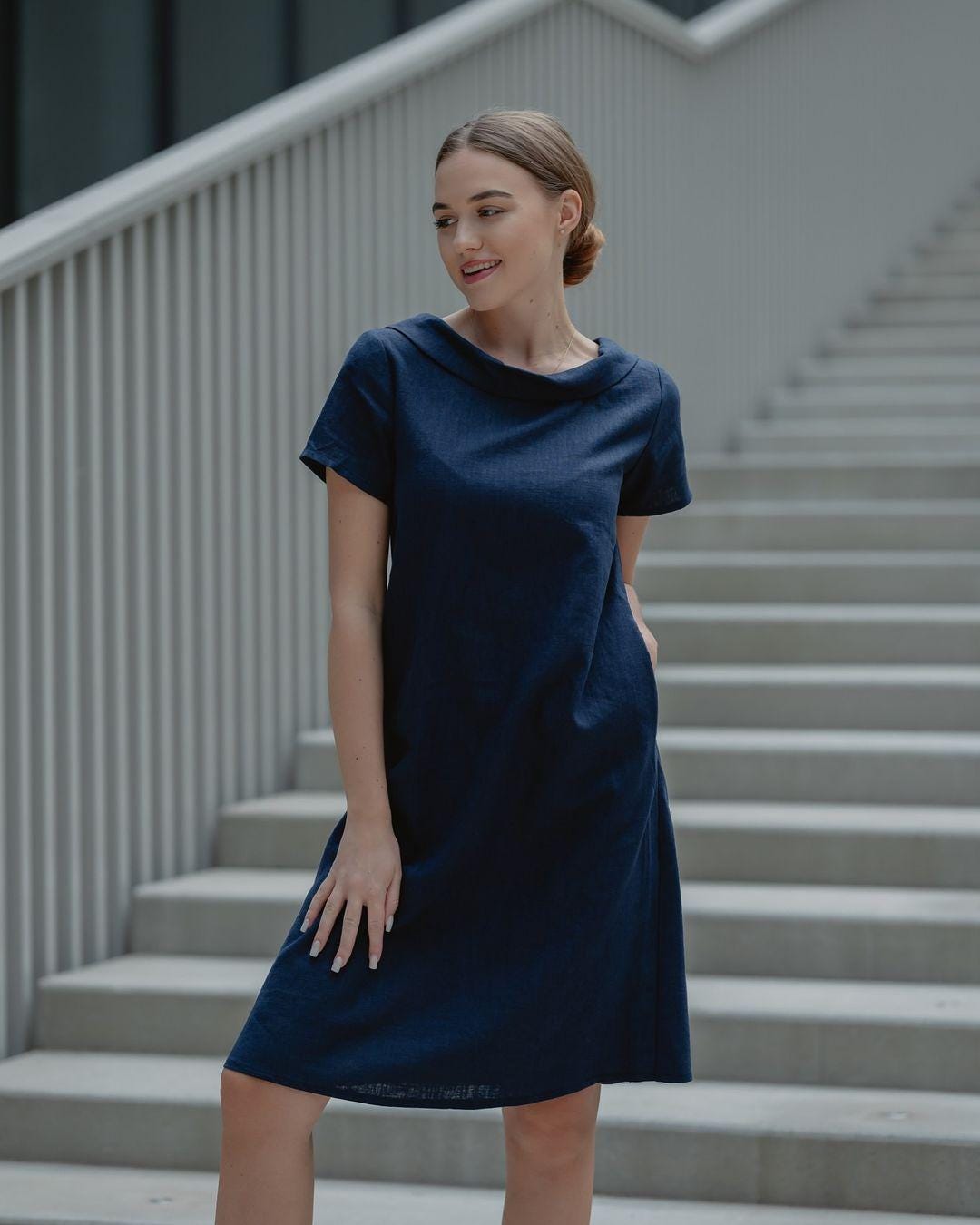 Deep Blue Business Casual Office Dress With Pockets and Bow, Perfect ...