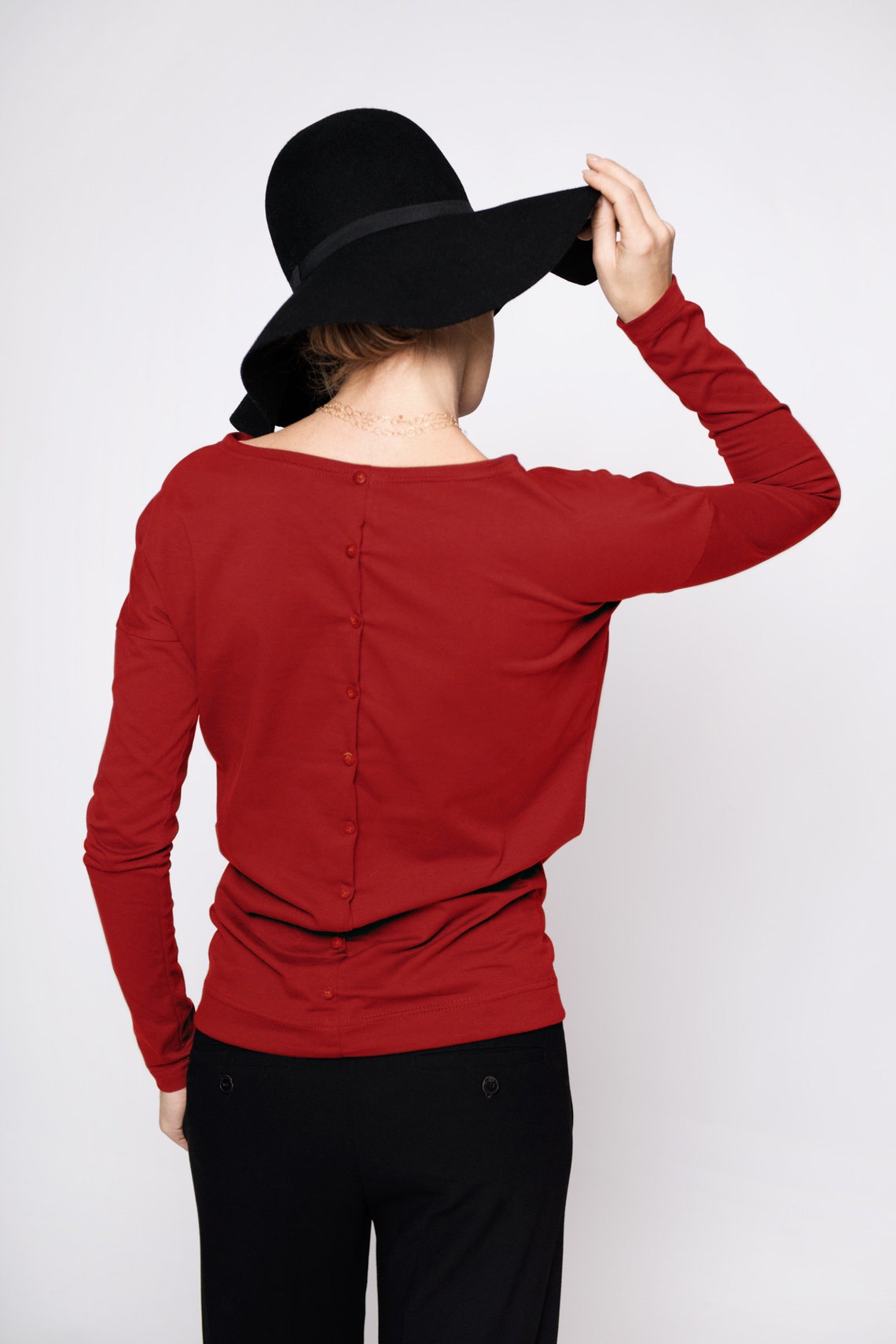 Red Blouse Women Red Top Long Sleeve Top Back Button Top - Etsy