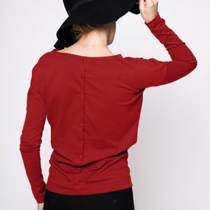 Red Blouse, Women Red Top, Long Sleeve Top, Back Button Top, Elegant ...