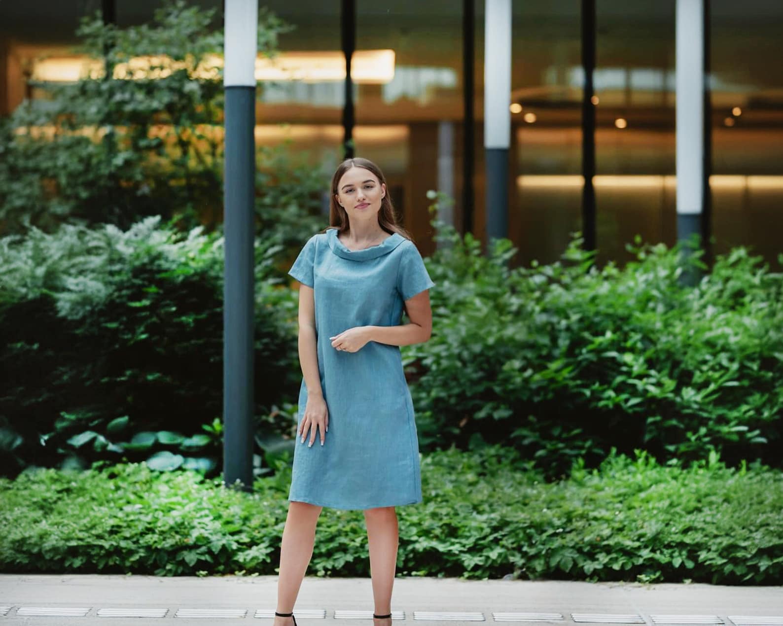 Deep Blue Business Casual Office Dress With Pockets and Bow, Perfect ...
