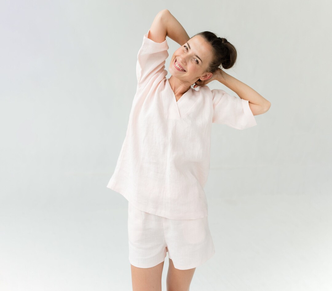 Linen Pajama Set, Linen Sleepwear Set, Linen Night Shirt, Linen Shorts ...